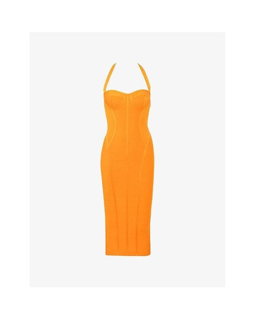 House Of Cb The Sculpt Halter-Neck Bandage Stretch-Woven Midi Dress in ...