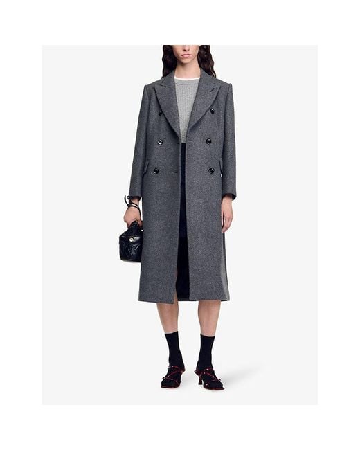 Sandro Double-Breasted Long Wool-Blend Coat in Grey | Lyst UK