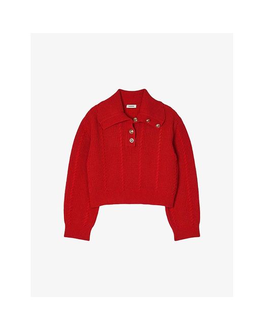 Sandro Wide-Collar Cable-Knit Wool-Blend Jumper in Red | Lyst