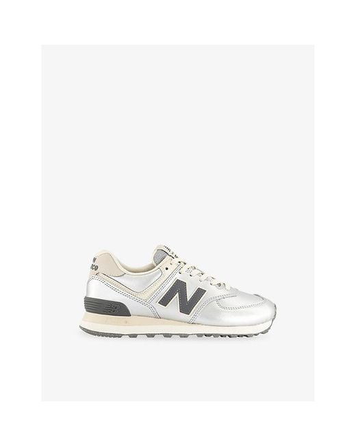 New Balance 574 Metallic-Leather Trainers in White | Lyst UK