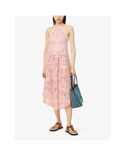 FARM Rio Palm Tree Embroidered Cotton Midi Dress in Pink | Lyst