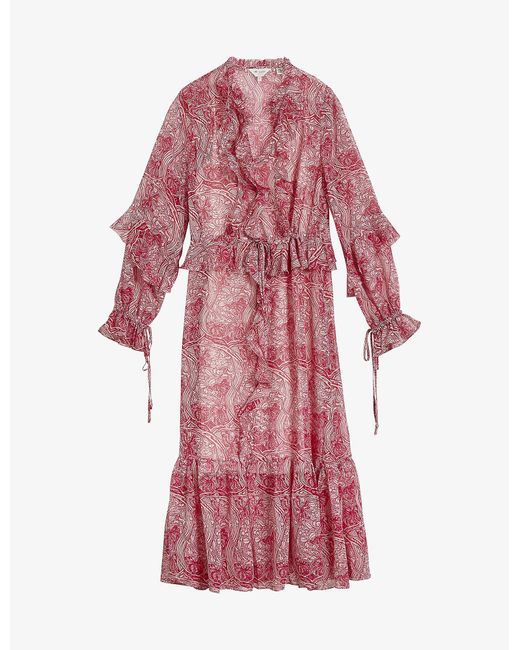 Ted Baker Floral Print Ruffle Trim Woven Midi Dress In Pink Lyst