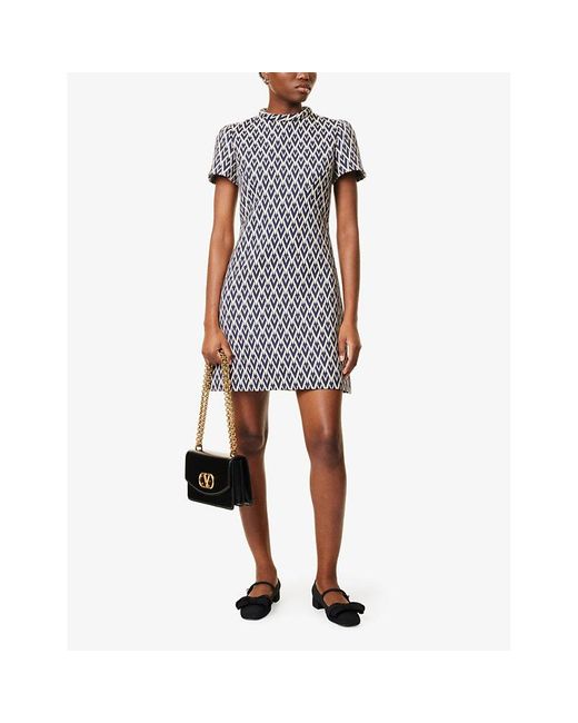 Valentino Garavani Monogram-Pattern Wool-Jacquard Mini Dress in Blue | Lyst