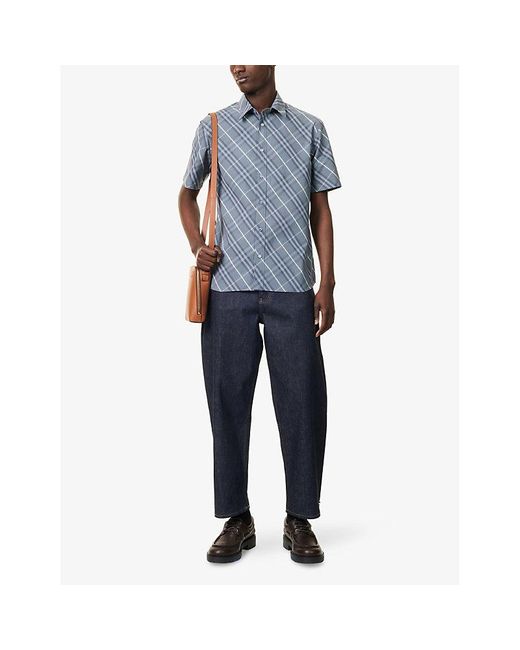 Burberry Check-Pattern Short-Sleeve Cotton Shirt in Blue for Men | Lyst