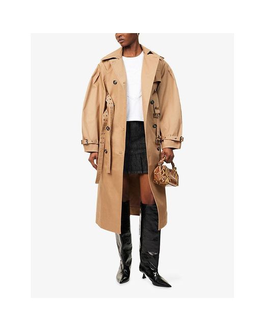 Ganni Logo-Embellished Bonded Cotton Trench Coat in Natural | Lyst