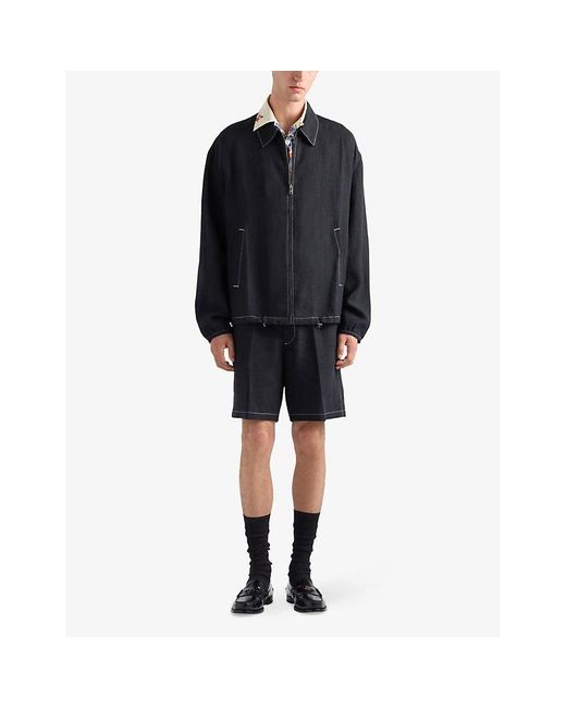 Prada Triangle-Logo Tailored Linen Bermuda Shorts in Blue for Men | Lyst