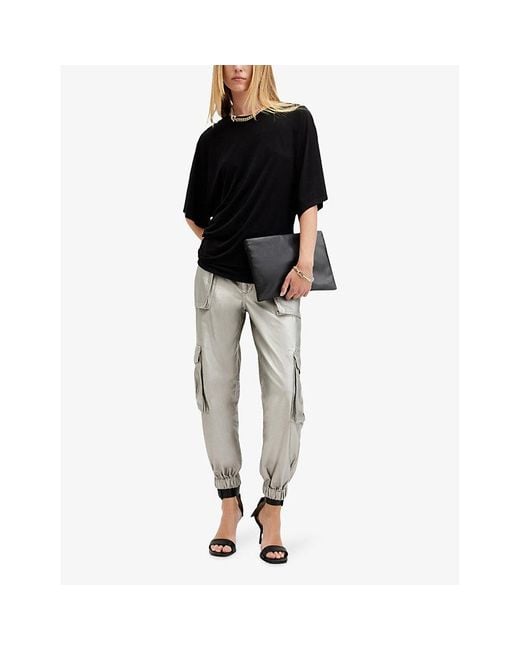 AllSaints Sage Freda Tapered-Leg High-Rise Coated Trousers in Grey ...