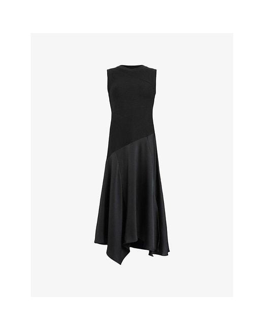 AllSaints Pia Asymmetric Satin Cotton-Jersey Midi Dress in Black | Lyst