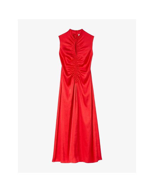 Sandro Cut-Out Draped Satin Midi Dress in Red | Lyst