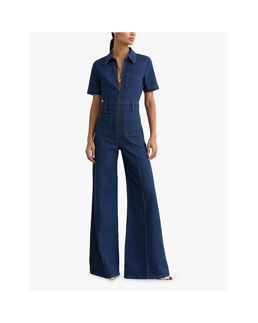 Reiss Danie Wide-Leg Denim Jumpsuit in Blue | Lyst