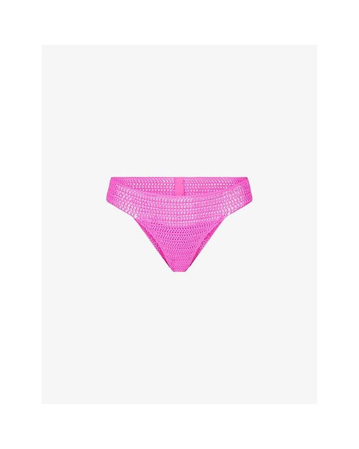 Skims Low Rise Recycled Stretch Nylon Crochet Bikini Bottom In Purple