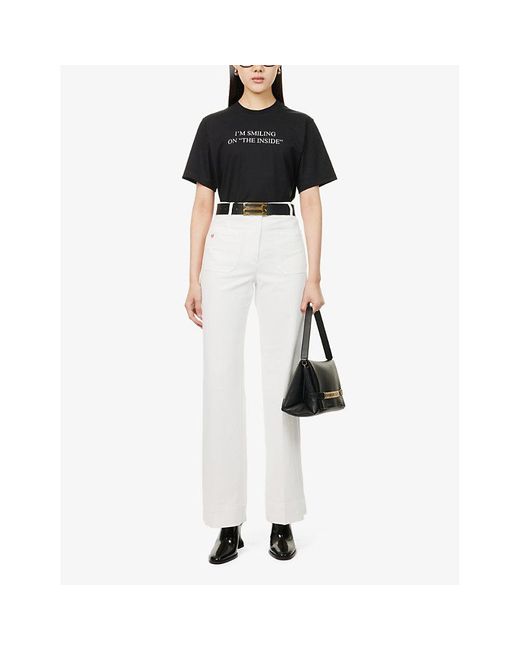 Victoria Beckham Alina Brand-Embroidery Denim Wide-Leg High-Rise Jeans ...