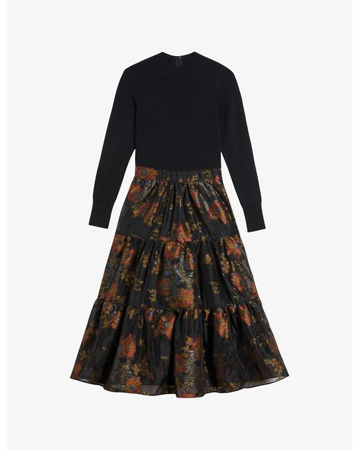 Ted Baker Synthetic Audria Floral Print Knit Midi Dress In Black Lyst