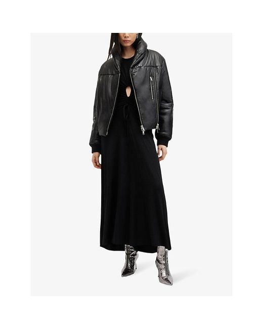 AllSaints Lauren Shawl-Collar Leather Puffer Jacket in Black | Lyst UK