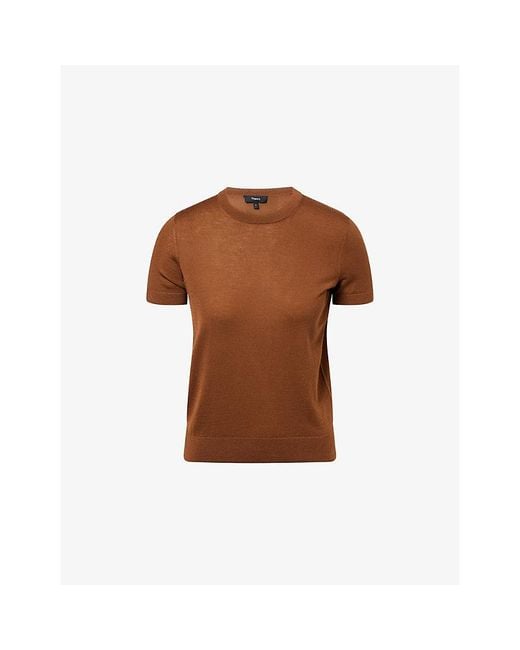 Theory Tiny Basic Short-Sleeve Merino Wool Top in Brown | Lyst