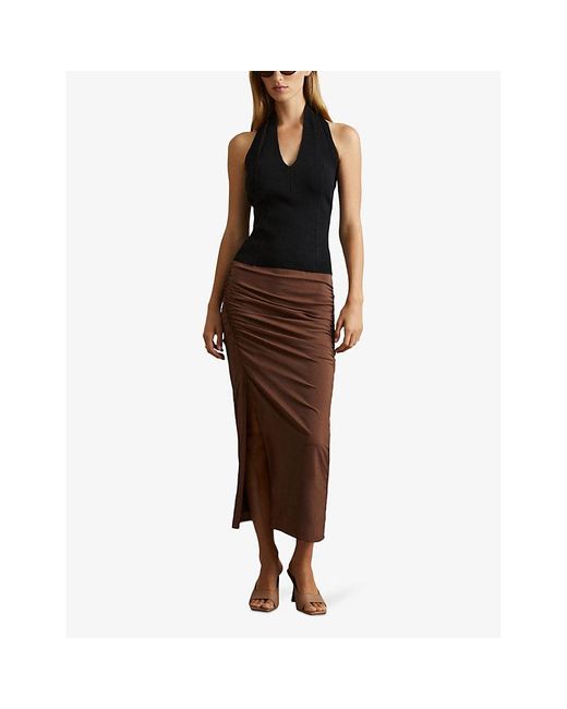 Reiss Lisa Slim-Fit High-Rise Ruched Stretch-Woven Midi Skirt in Brown ...