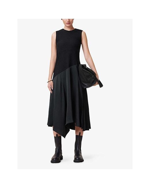 AllSaints Pia Asymmetric Satin Cotton-Jersey Midi Dress in Black | Lyst