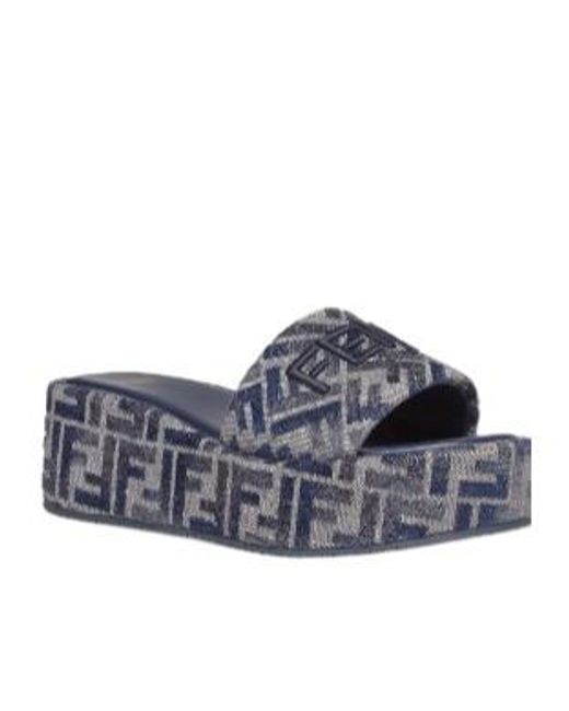Fendi Ff Denim Flatform Slides in Gray | Lyst
