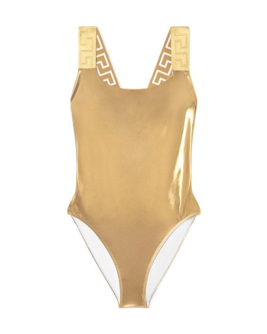 Versace Greca Border Metallic Swimsuit in Natural | Lyst