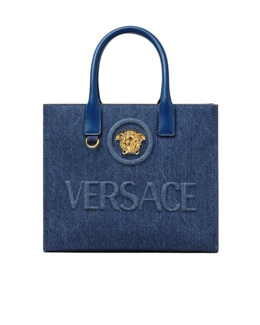 Versace La Medusa Logo Embossed Tote Bag in Blue | Lyst