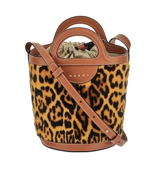 Marni Leopard Printed Small Bucket Bag in Brown | Lyst