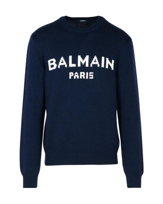 Balmain Logo Intarsia-Knit Jumper in Blue for Men | Lyst