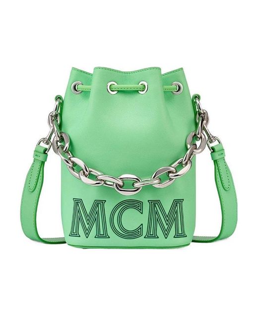 MCM Logo-Print Chain-Link Bag in Green | Lyst