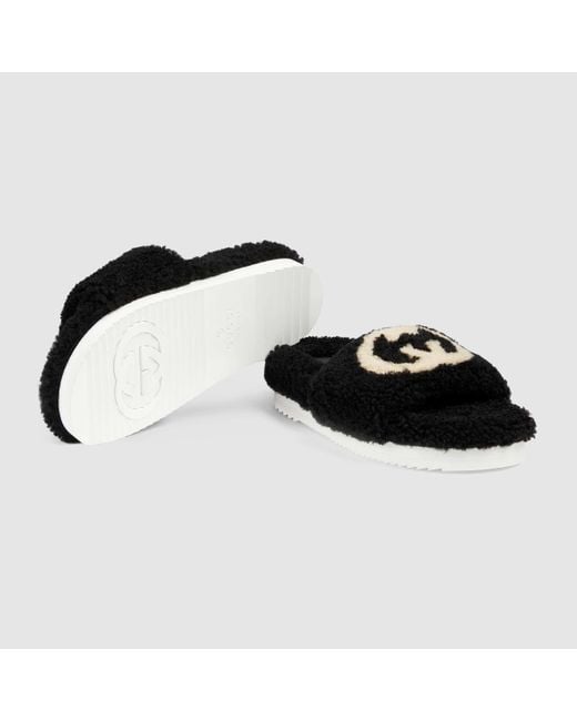 Gucci Interlocking G Shearling Slides in Black | Lyst