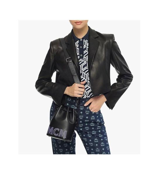 MCM Mini Logo-Print Drawstring Bucket Bag in Black | Lyst