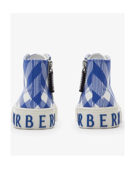 Burberry Checked Cotton High-Top Sneakers in Blue | Lyst