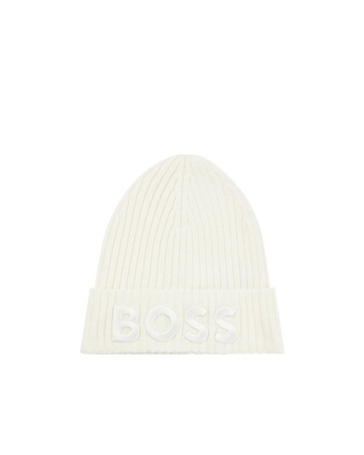 BOSS Logo-Appliqué Ribbed Beanie in White | Lyst