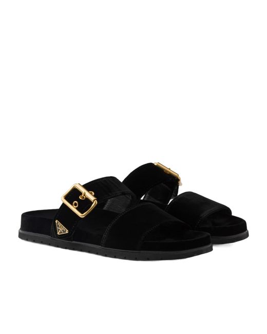 Prada Triangle-Logo Velvet Slides in Black | Lyst