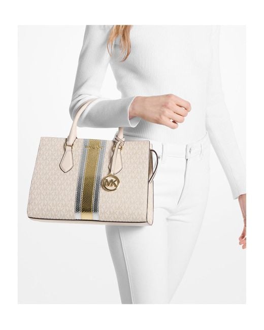 Michael Kors Medium Signature Logo And Metallic Satchel in Natural | Lyst