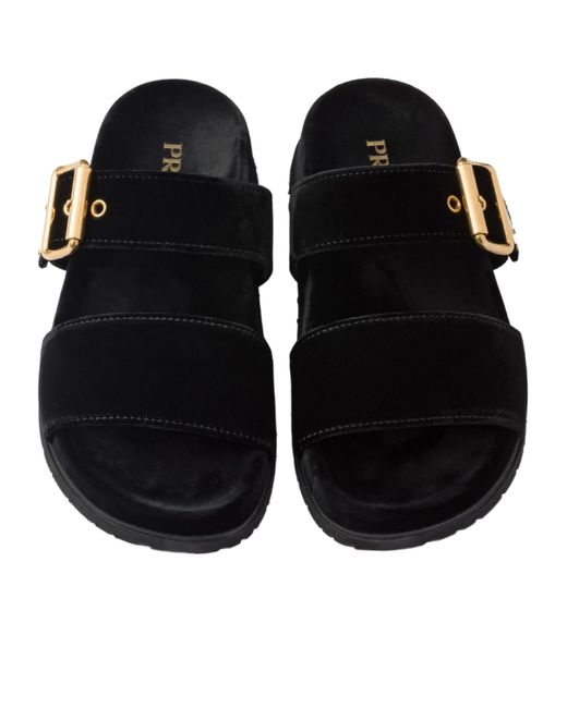 Prada Triangle-Logo Velvet Slides in Black | Lyst