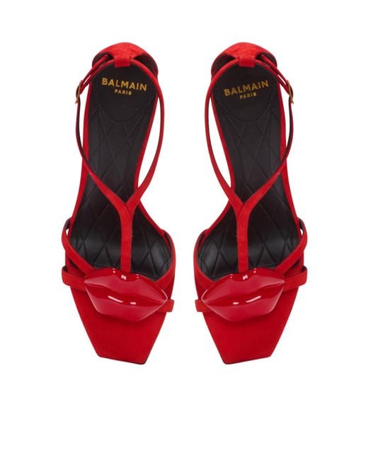 Balmain Suede Lips Sandals in Red | Lyst