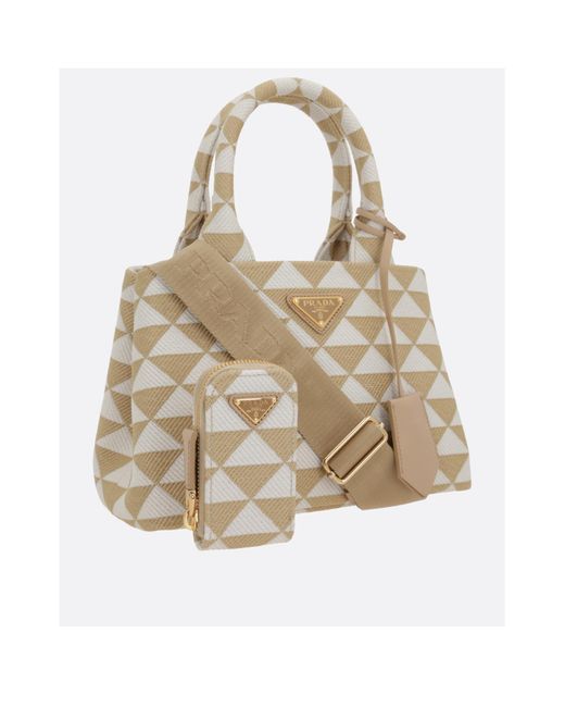Prada Symbole Embroidered Top Handle Bag in Natural | Lyst