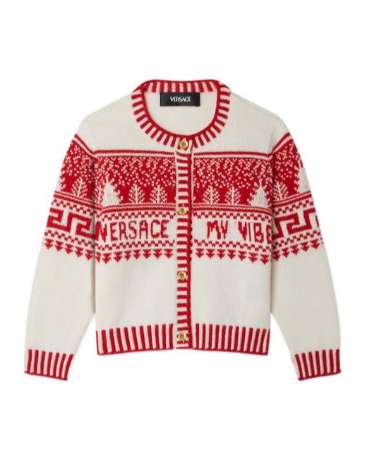Versace Fair Isle-Jacquard Cardigan in Red | Lyst