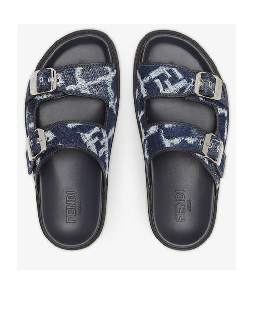 Fendi Feel Double-Buckle Denim Slides in Blue for Men | Lyst