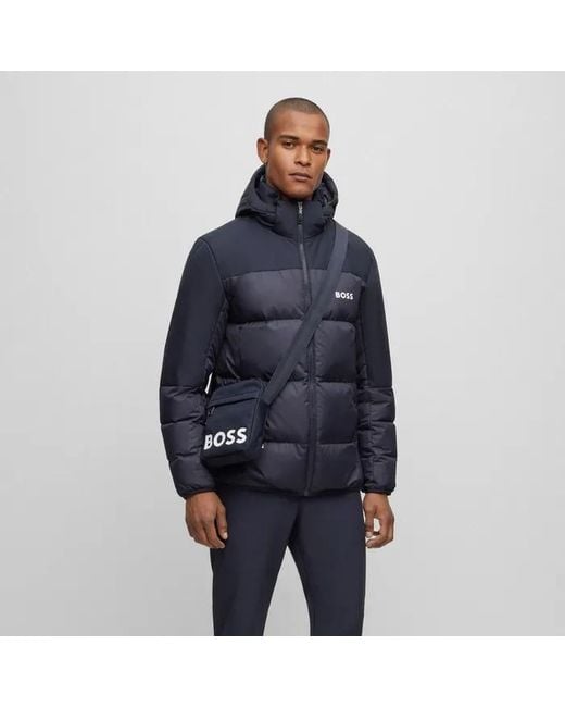 BOSS Logo Hooded Down Jacket in Blue for Men | Lyst