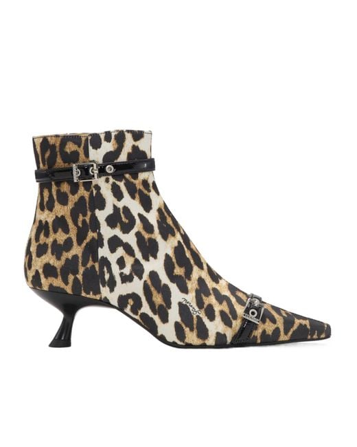 Ganni Leopard-Print Satin Ankle Boots in Brown | Lyst