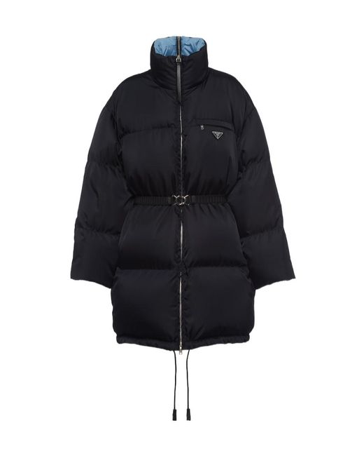 Prada Re-Nylon Belted Puffer Coat in Blue | Lyst