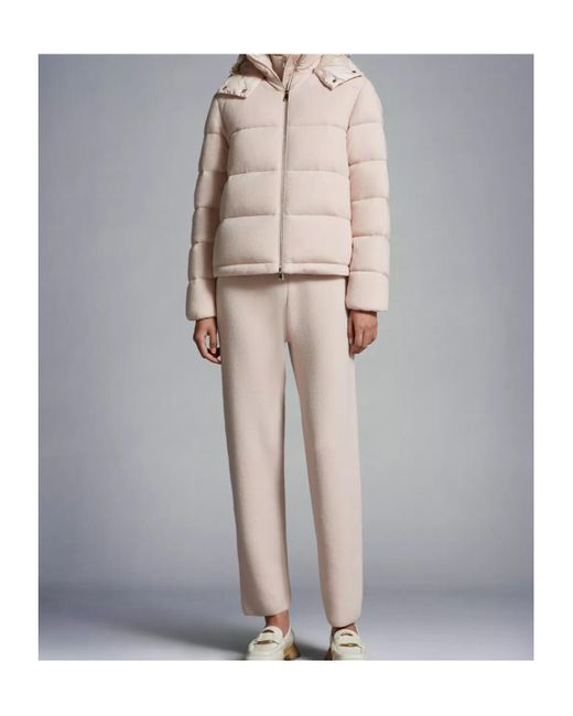 Moncler Logo Sticker Wool Cashmere Down Jacket in Pink | Lyst
