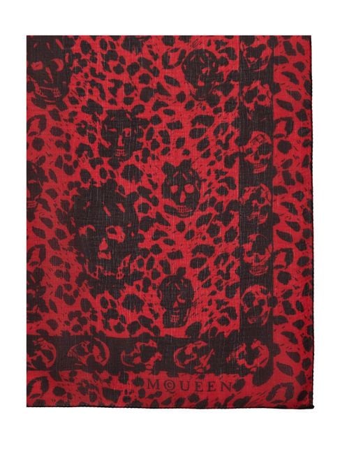 Alexander McQueen Leopard Print Skull Scarf in Red | Lyst