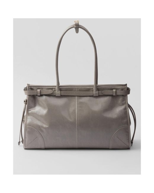 Prada Large Enamel Triangle Logo Belted Handbag in Gray | Lyst