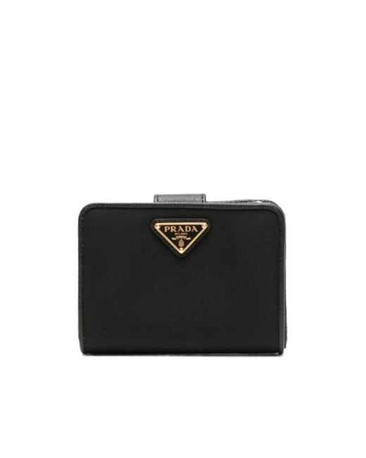 Prada Enamel Triangle-Logo Bi-Fold Wallet in Black | Lyst