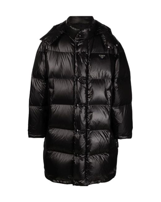 Prada Padded Logo-Plaque Detail Coat in Black for Men | Lyst