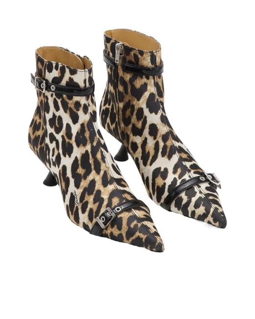 Ganni Leopard-Print Satin Ankle Boots in Brown | Lyst