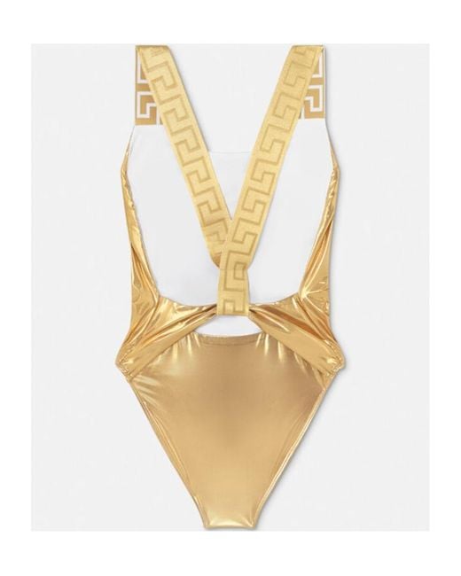 Versace Greca Border Metallic Swimsuit in Natural | Lyst