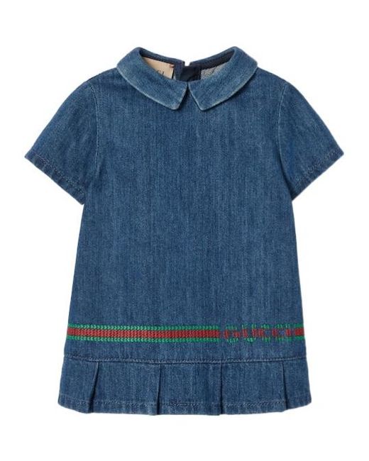 Gucci Ribbon Embroidered Denim Dress in Blue | Lyst