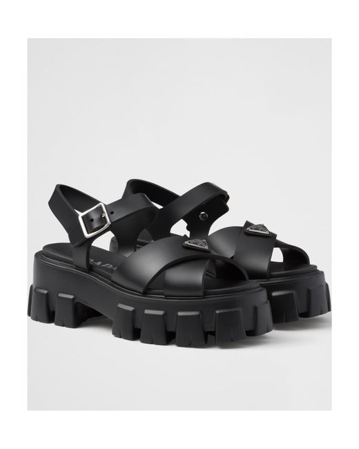 Prada Triangle-Logo Platform Sandals in Black | Lyst